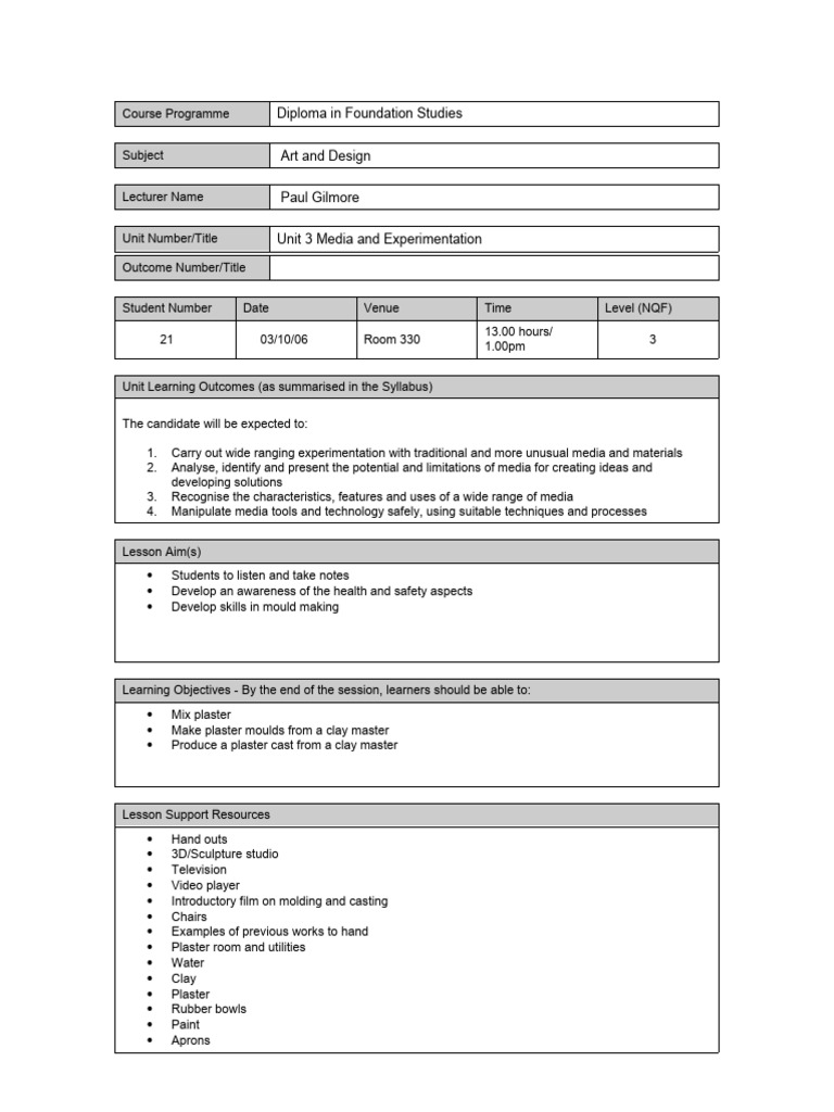 Lesson Plan Proforma 1 | Download Free PDF | Casting | Plaster