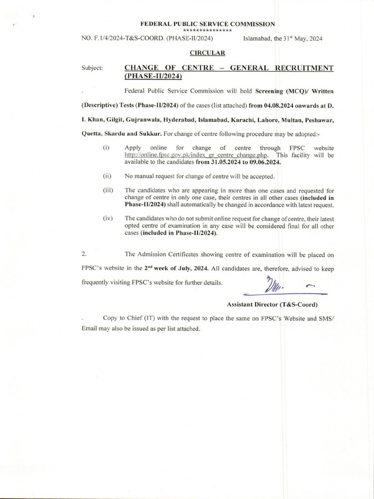 Circular - Change of Center - General Recruitment - Phase-II-2024 PDF | PDF