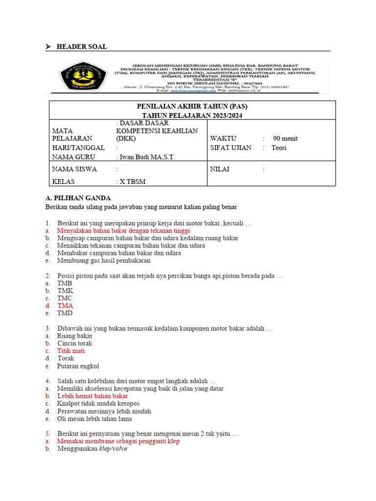 Soal Pas DKK X TBSM | PDF