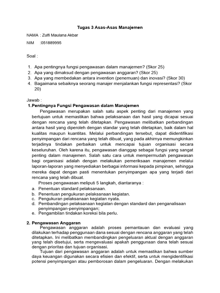 Tugas 3 Sesi 7 - Asas-Asas Manjemen - Zulfi Maulana Akbar - NIM 051889995 | PDF | Karier ...