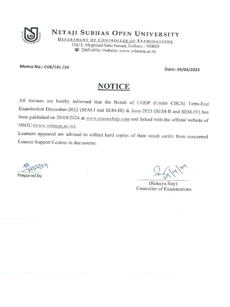 Notice For Result Publication of UGDP Under CBCS Dec22 SEM I III ...