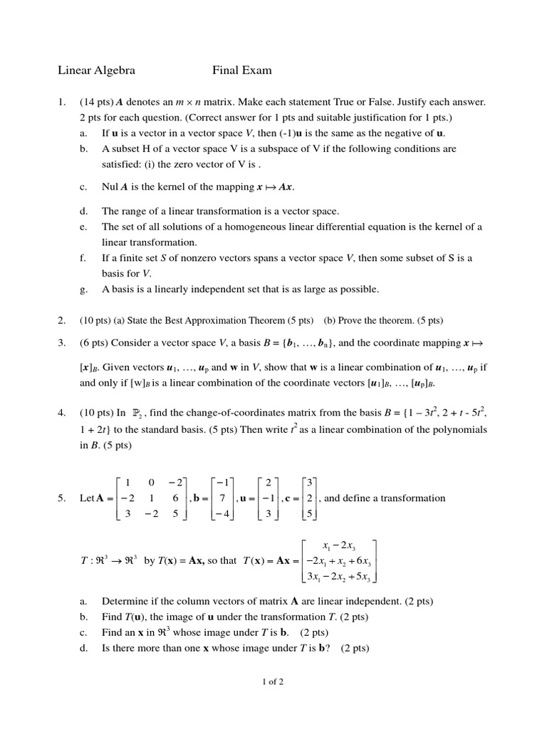 Linear Algebra Final Exam_Sample | Download Free PDF | Linear Map | Vector Space