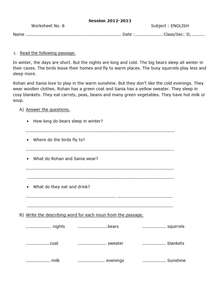 CBSE Class 2 English Practice Worksheet (9) | PDF | Languages | Foreign ...
