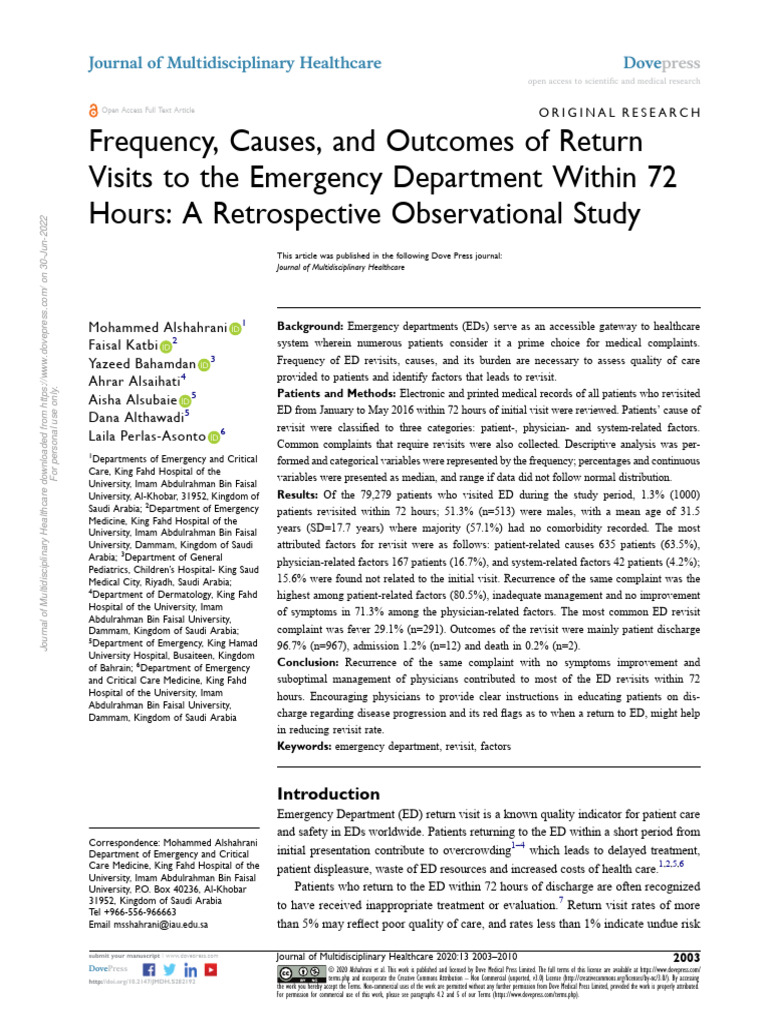 Frequency, Causes, and Outcomes of Return Visits To The Emergency ...