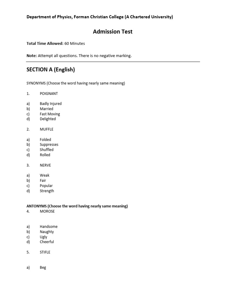 Admission-Test-Sample-Phy | PDF | Force | Torque