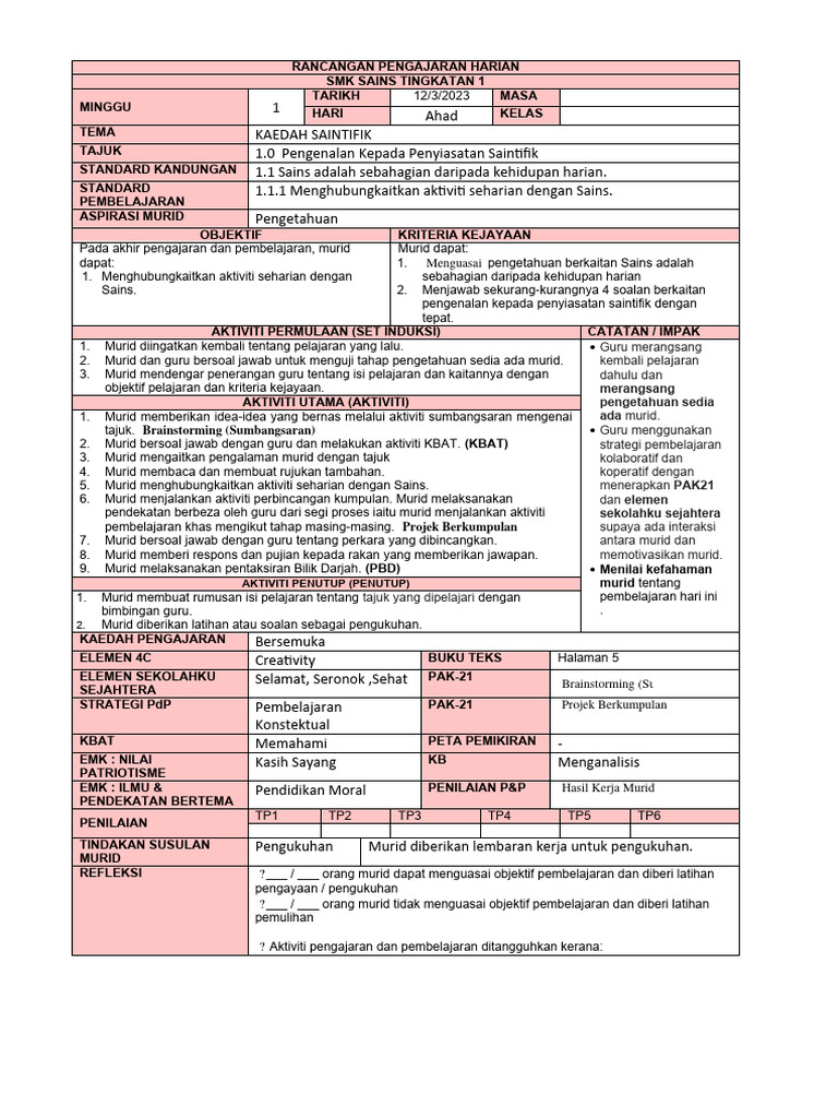 RPH Minggu 1 Sains Tingkatan 1 2023-2024 by Cikgu Gorgeous | PDF | Karier & Perkembangan