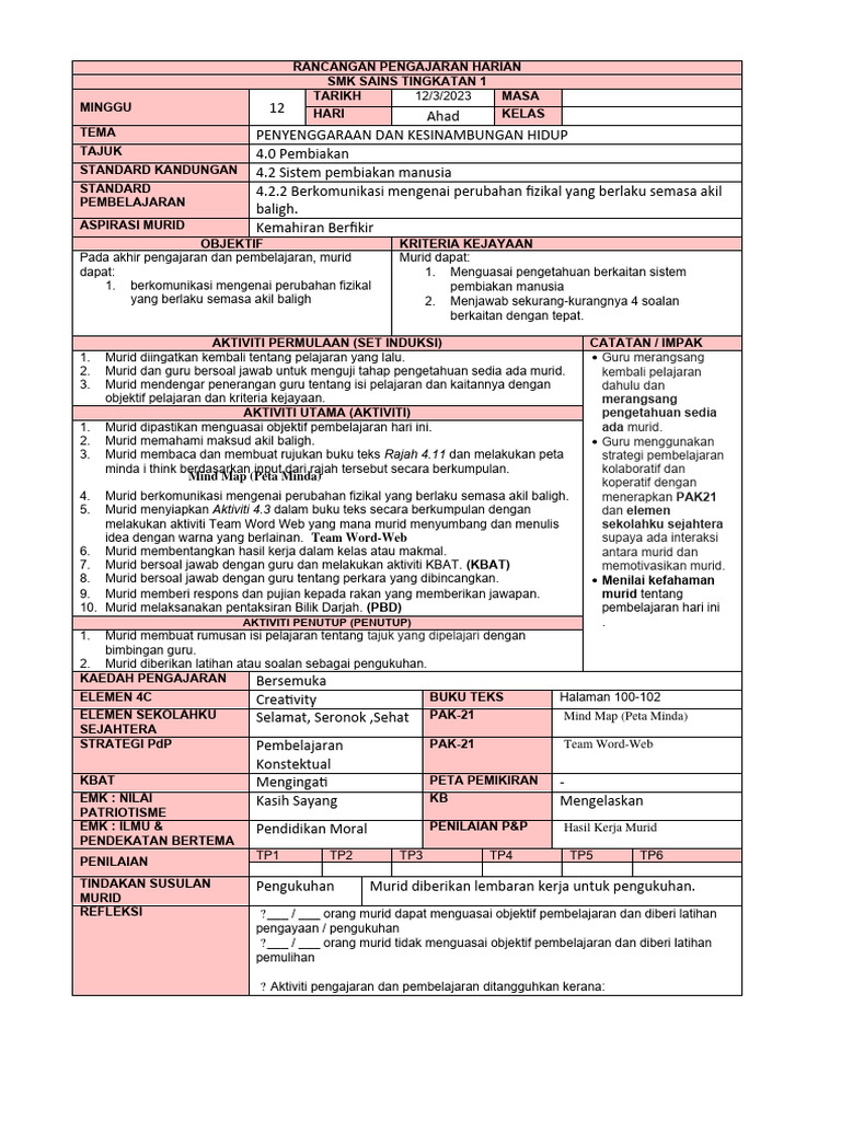 RPH MINGGU 11 SAINS TINGKATAN 1 2023-2024 BY CIKGU GORGEOUS | PDF