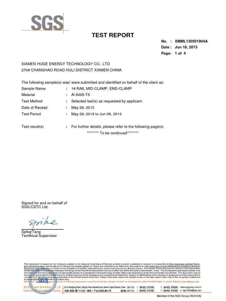 SGS test report-HUGE Energy E-shape Rail And Clamp | Download Free PDF ...