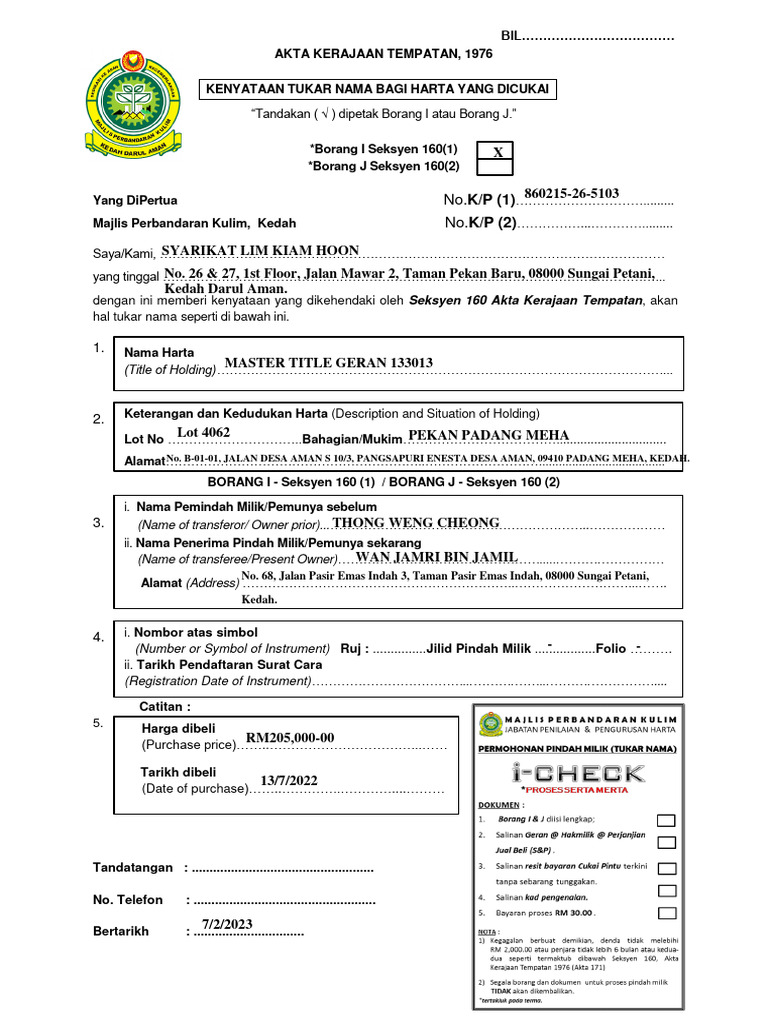 Borang I - Kulim | PDF