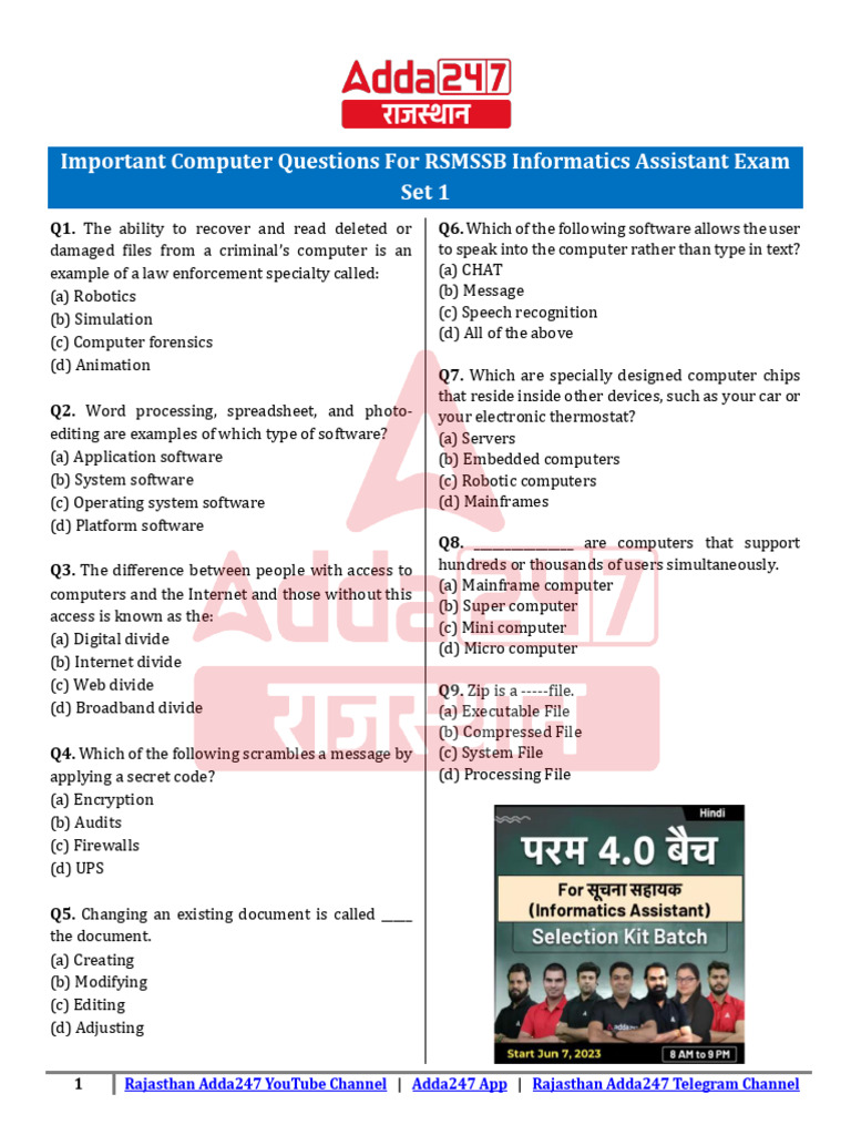 Important Computer Questions For RSMSSB Informatics Assistant Exam Set 1 1 | PDF | World Wide ...