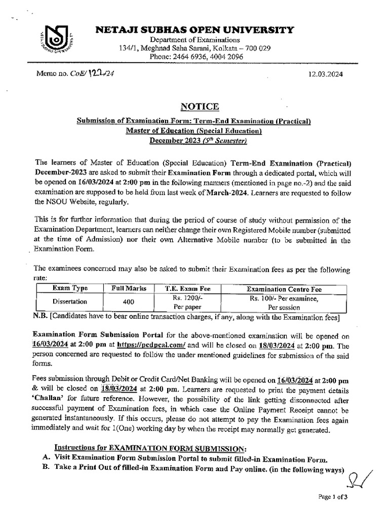 20240312 Notice for Submission of Exam Form for MEd 5th Semester | PDF