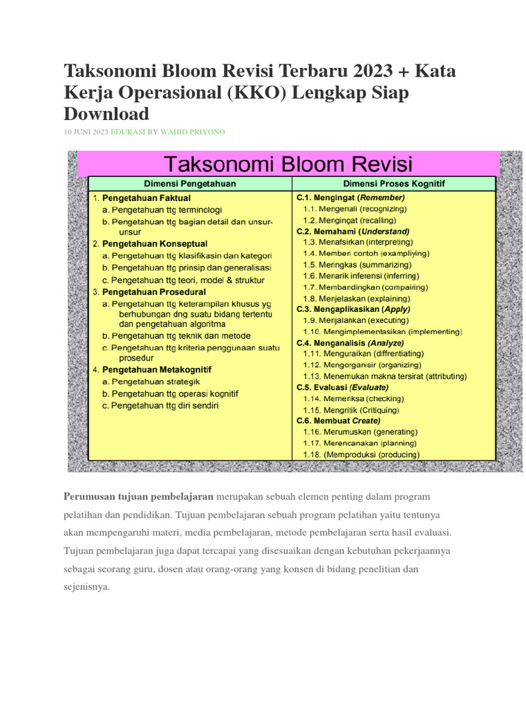Taksonomi Bloom Revisi Terbaru 2023 | PDF