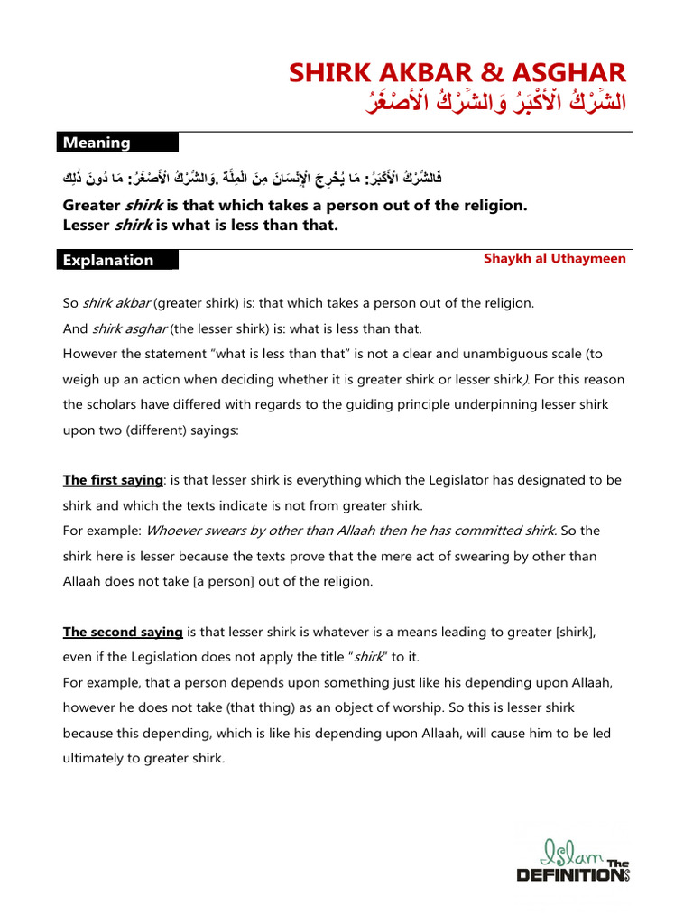 Shirk Akbar And Shirk Asghar Pdf Religious Faiths Islamic Belief