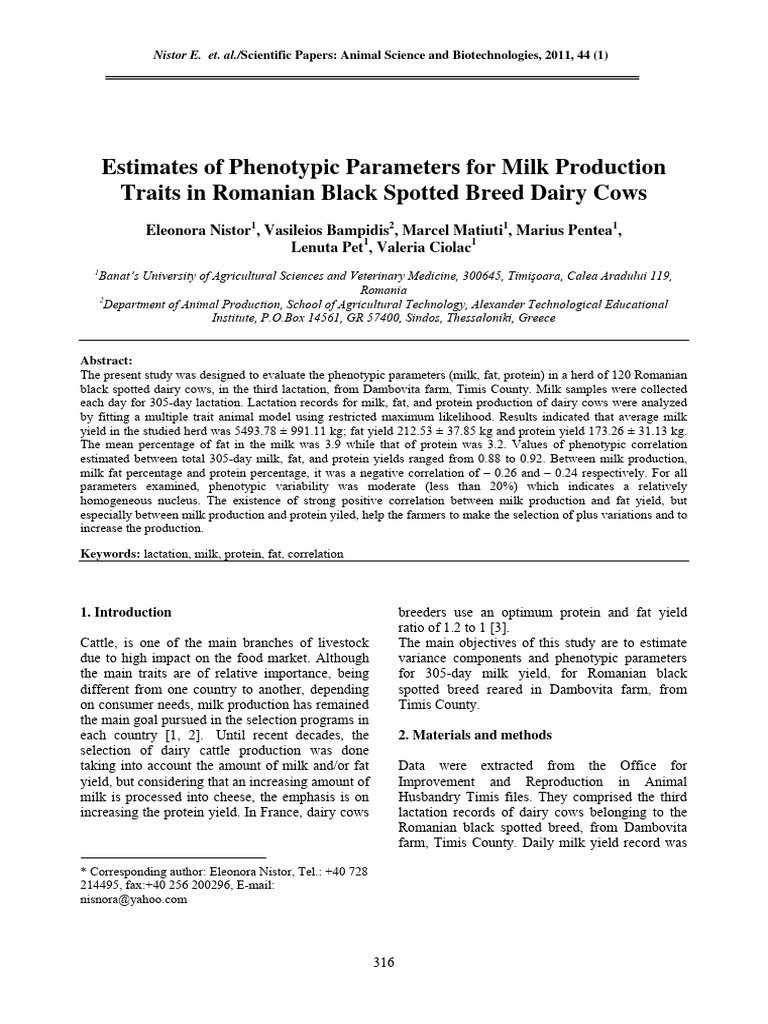 Estimates of Phenotypic Parameters for Milk Production Traits in ...