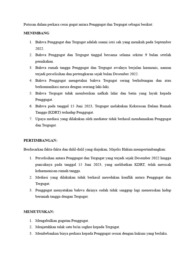 Putusan Dalam Perkara Cerai Gugat Antara Penggugat Dan Tergugat | PDF