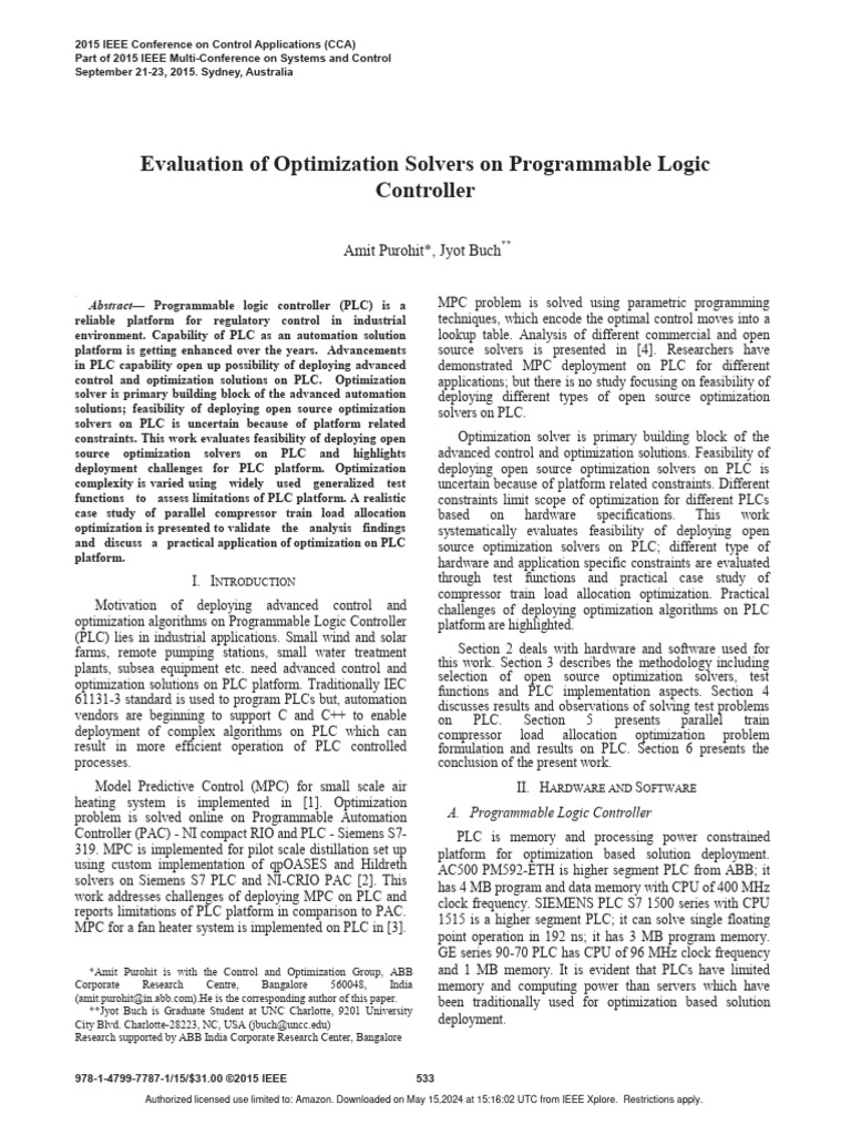 Evaluation of Optimization Solvers On Programmable Logic Controller | PDF | Programmable Logic ...