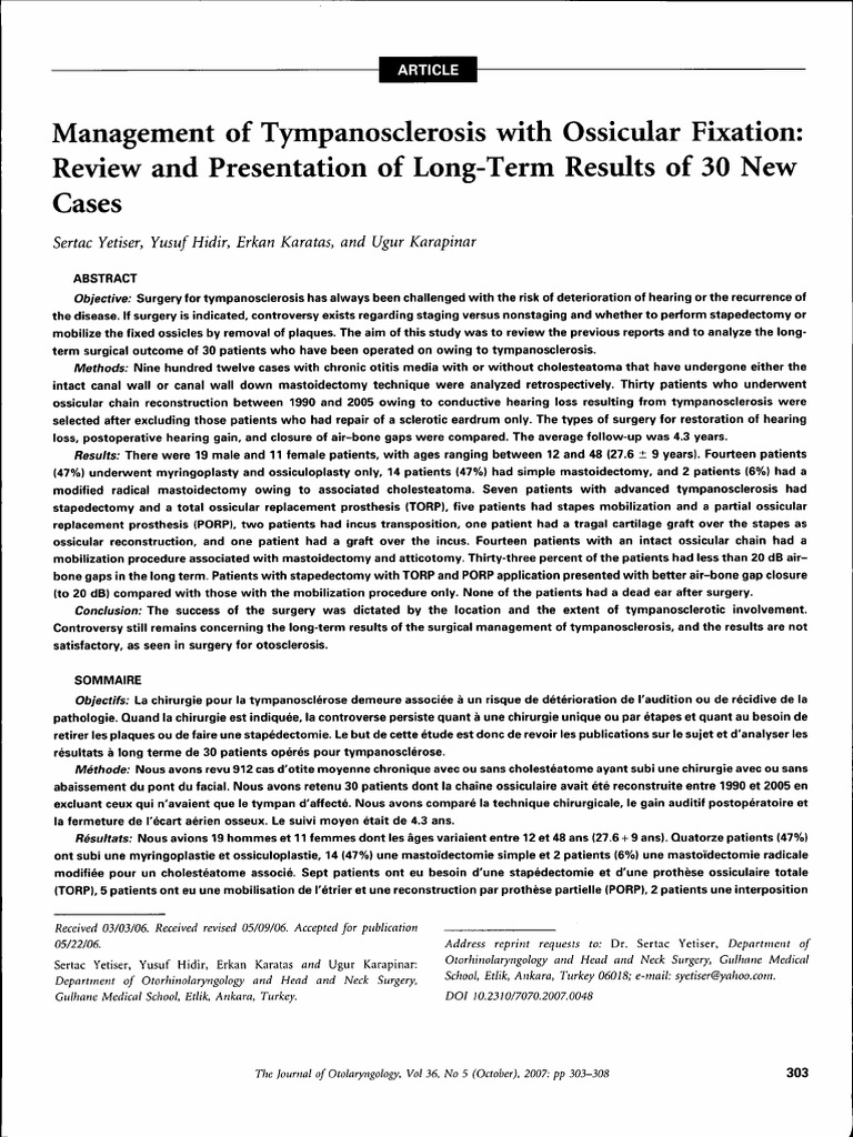 2007 Yetiser - Management of Tympanosclerosis With Ossicular Fixation ...