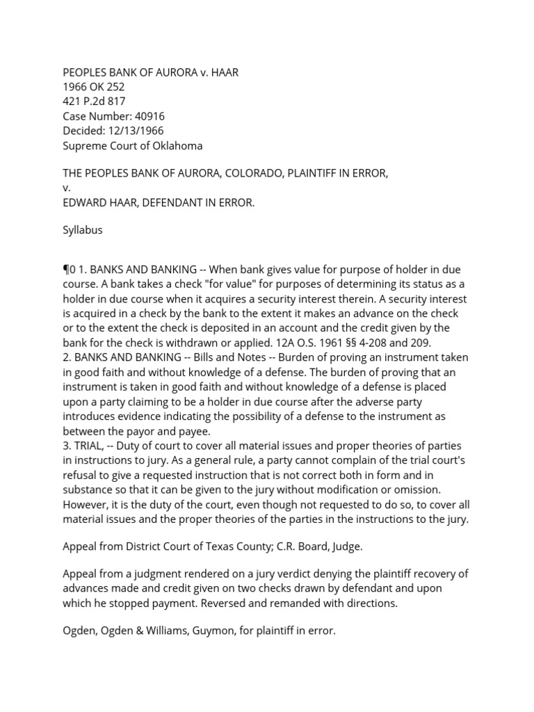 people of Aurora vs Haar 1966 holder in due course | PDF | Cheque ...