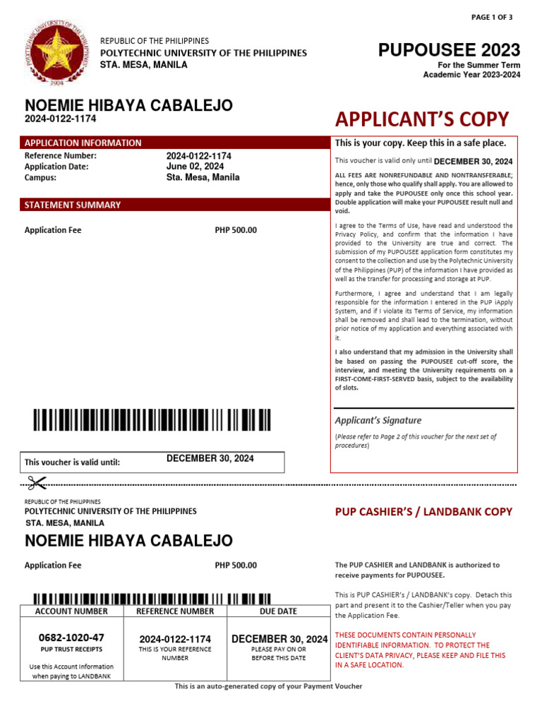 PUP Iapply Voucher 2024-0122-1174 | PDF