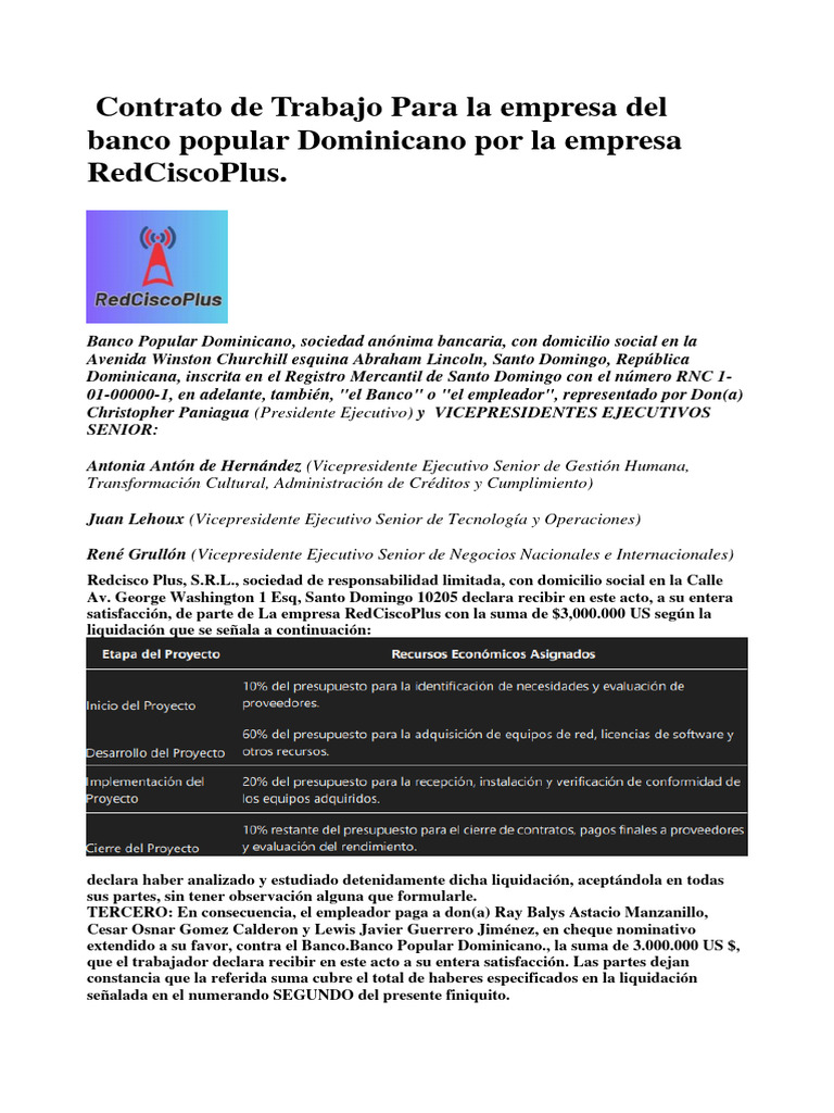 Contrato y Carta de Finalizacion Proyecto Red Cisco Plus Grupo #6 | PDF | República Dominicana ...