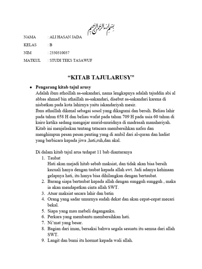 Ringkasan Kitab Tajul Arus | PDF