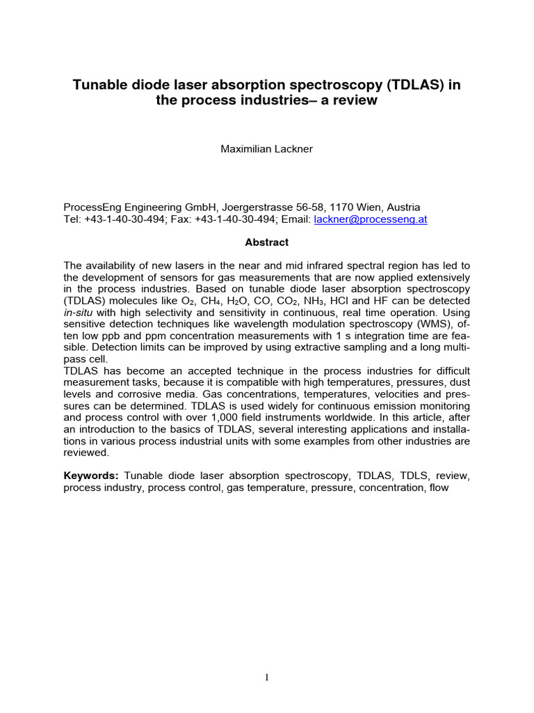 y2015 - Tunable diode laser absorption spectroscopy (TDLAS) in the process industries - a review ...