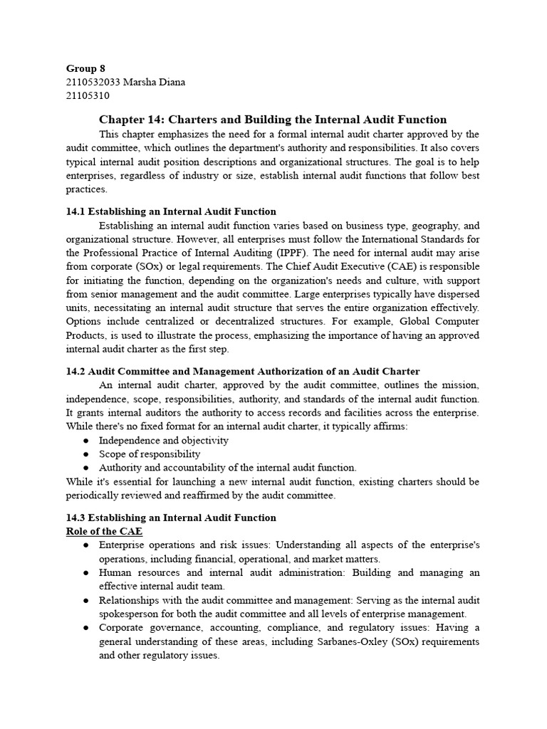 Group 8-Charters and Building The Internal Audit Function | PDF | Internal Audit | Audit