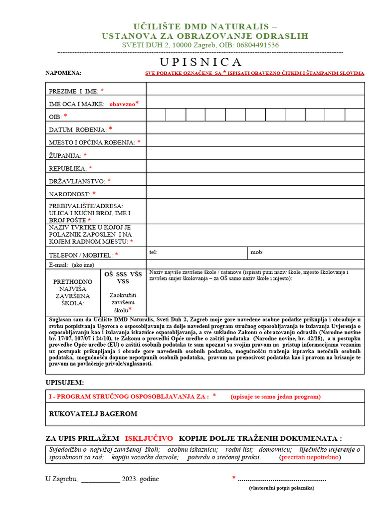 Upisnica U Program - Bager | PDF