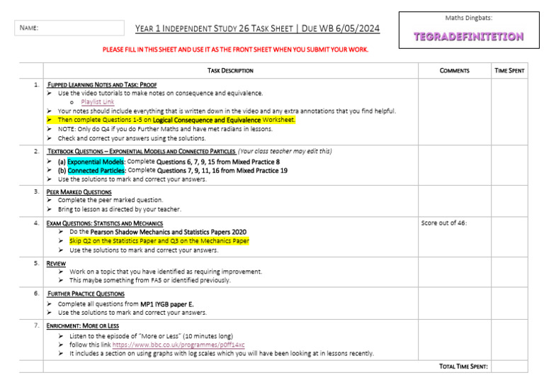 Year 1 - Independent Study 26 Task Sheet | PDF | Learning