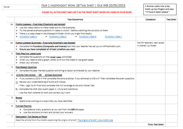 0. Year 1 - Independent Work 28 Task Sheet | PDF | Learning