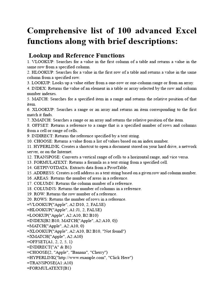 Comprehensive List of 100 Advanced Excel Functions Along With Brief ...