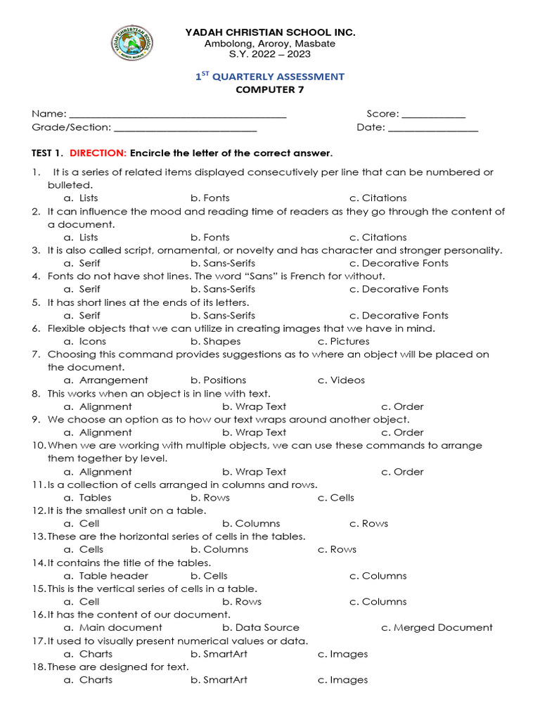 Computer and MAPEH 7 Quarterly Assessment | PDF | Typefaces | Sans Serif
