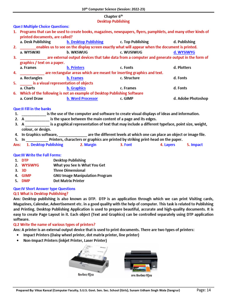 10 Computer Science (Session: 2022-23) | Download Free PDF | Printer (Computing) | Computer Graphics