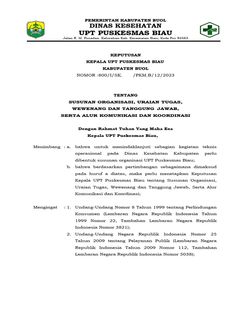 SK Susunan Organisasi, Uraian Tugas, Wewenang Dan Tanggung Jawab | PDF