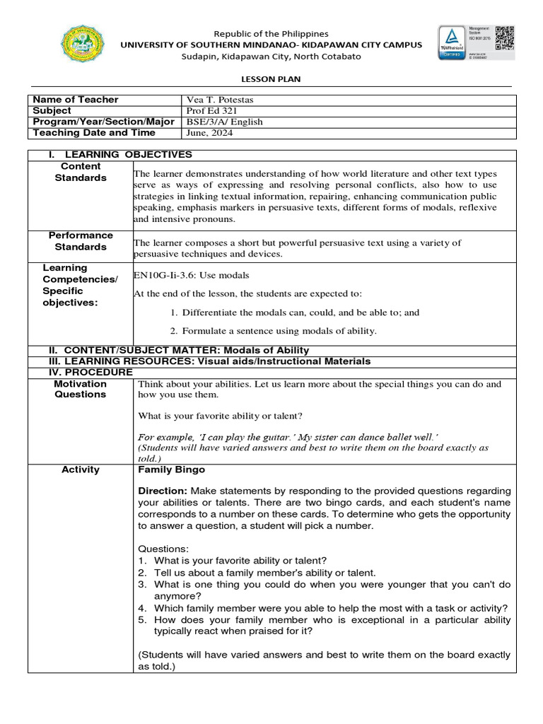 Vea Potestas Modals Lesson Plan | PDF | Lesson Plan | Learning