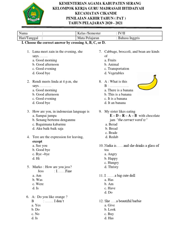 SOAL PAT BAHASA INGGRIS KELAS 4 | PDF | Zoology