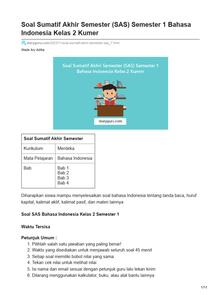 Soal Sumatif Akhir Semester SAS Semester 1 Bahasa Indonesia Kelas 2 Kumer | PDF