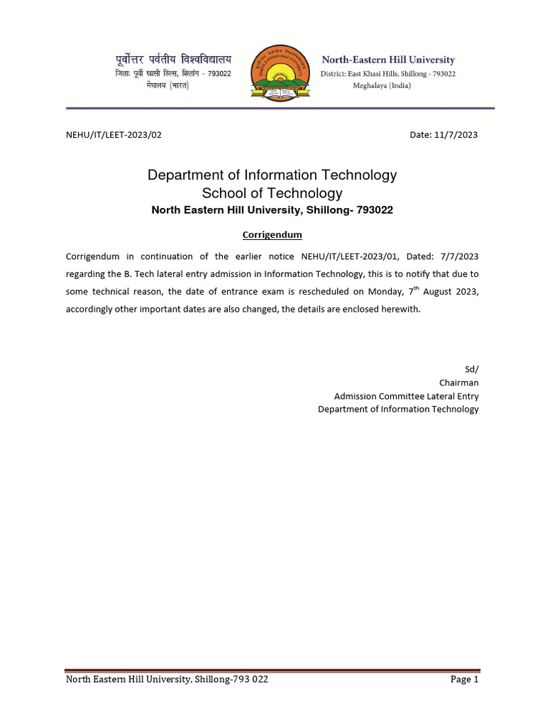 NEHU B. Tech Lateral Entry 2023 Update | PDF | Internet Protocol Suite ...