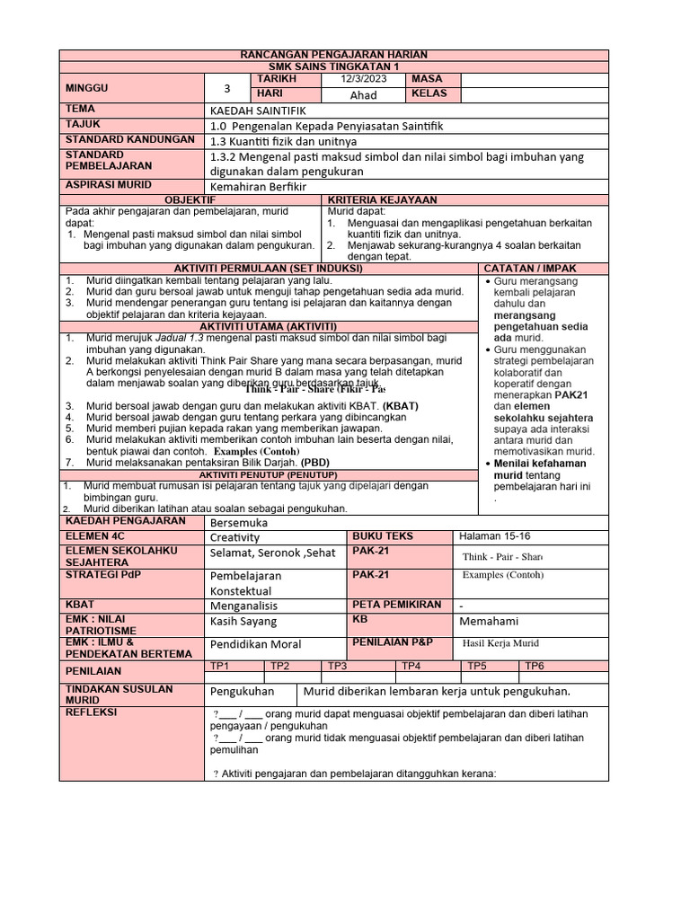 RPH Minggu 3 Sains Tingkatan 1 2023-2024 by Cikgu Gorgeous | PDF ...