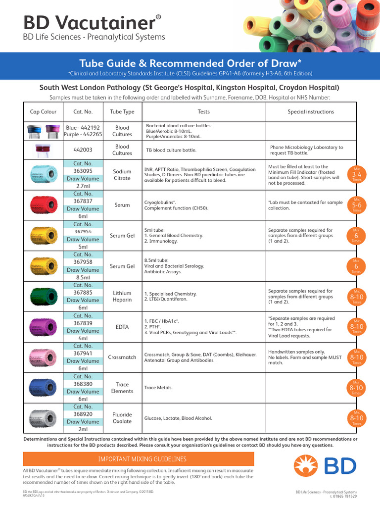 BD Vacutainer Order of Draw Guide | PDF | Body Fluids | Medical Specialties