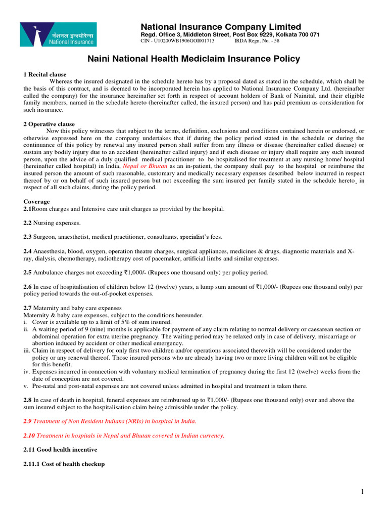 Naini National Health Mediclaim Policy | PDF | Insurance | Hospital