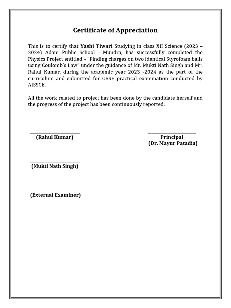 Project File Physics Yashi | PDF | Electric Charge | Force
