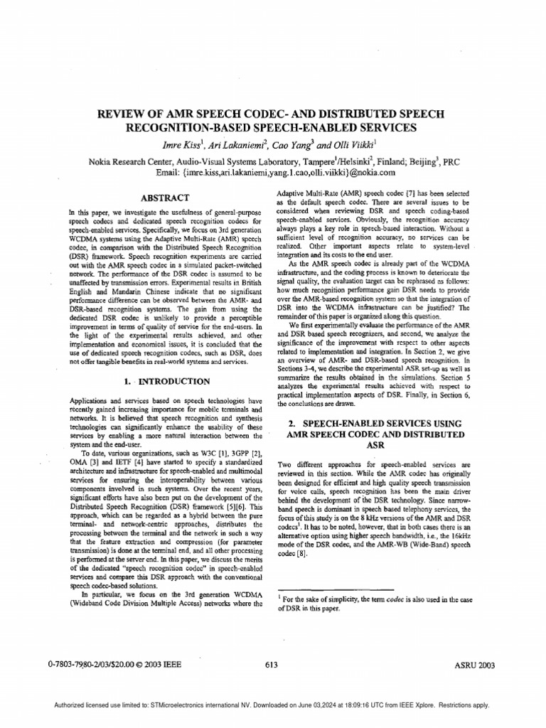 Review of AMR Speech Codec-And Distributed Speech Recognition-Based Speech-Enabled Services ...