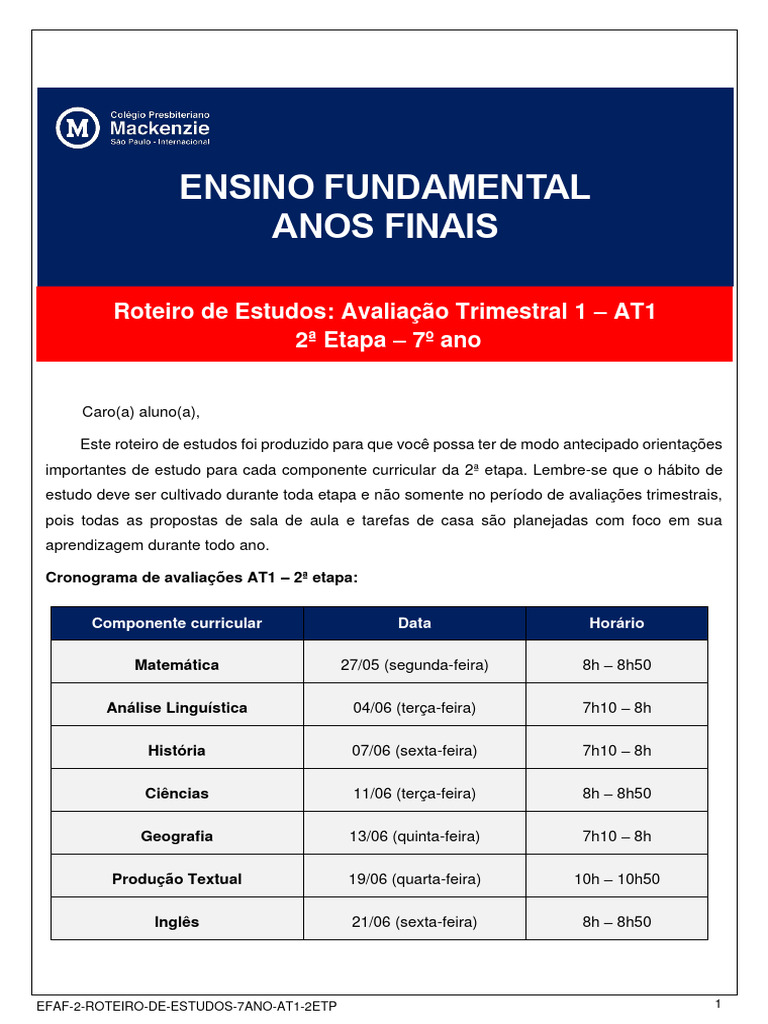 EFAF 7o ANO ROTEIRO DE ESTUDOS AT1 2ETP 2024 | PDF | Decimal