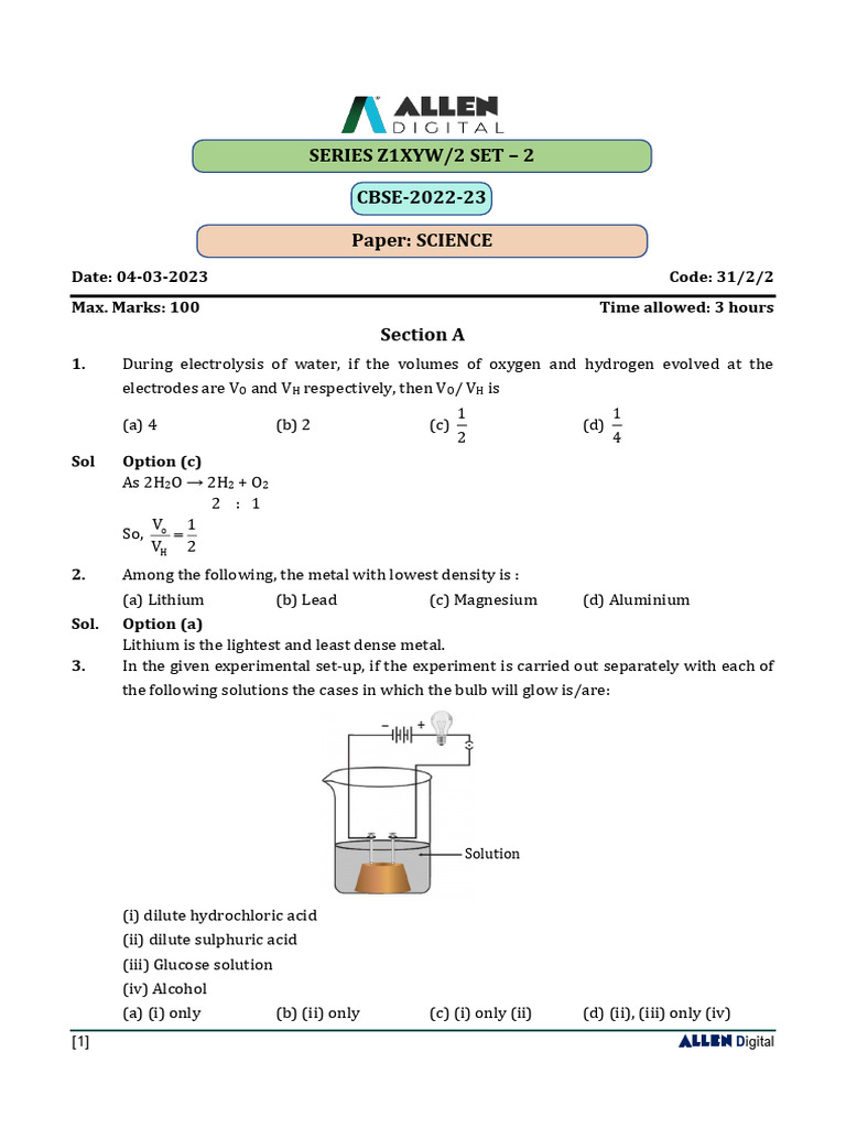 10 Science 31-2-2 - Paper - Set-2 | PDF | Acid | Physical Chemistry