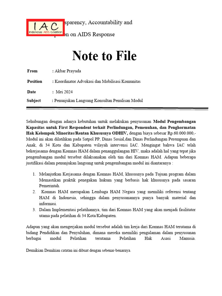 Note to File - Penunjukan KOnsultan Penyusunan Modul | PDF