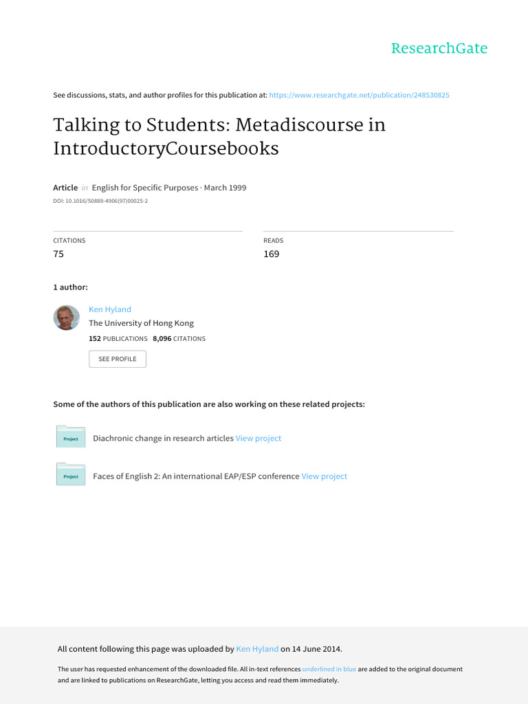 Talking To Students Metadiscourse in Int | PDF | Rhetoric | Discourse