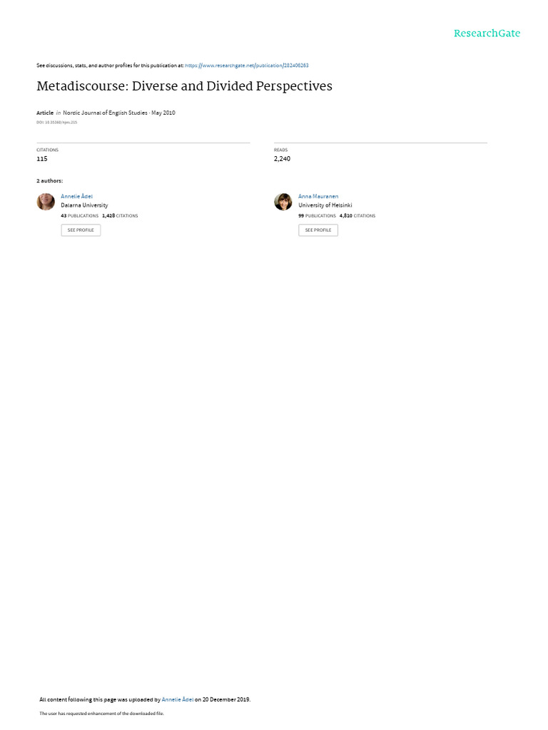 Del Mauranen Metadiscourse Diverseand Divided Perspectives | PDF ...