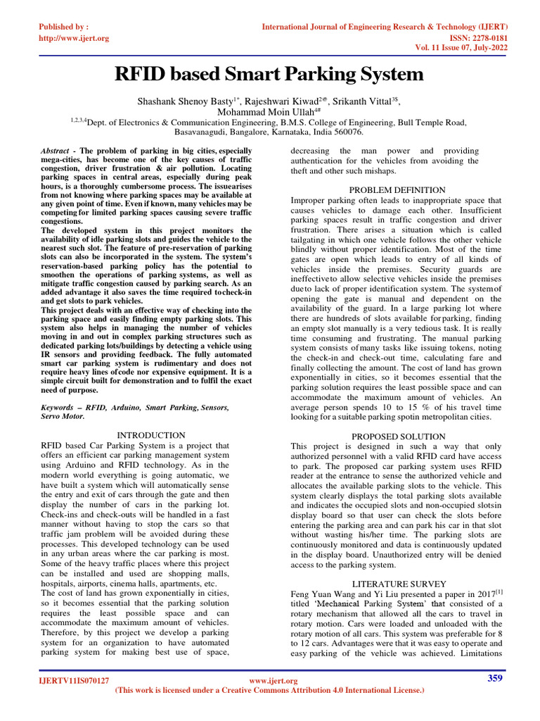Rfid Based Smart Parking System IJERTV11IS070127 | PDF | Infrared | Parking
