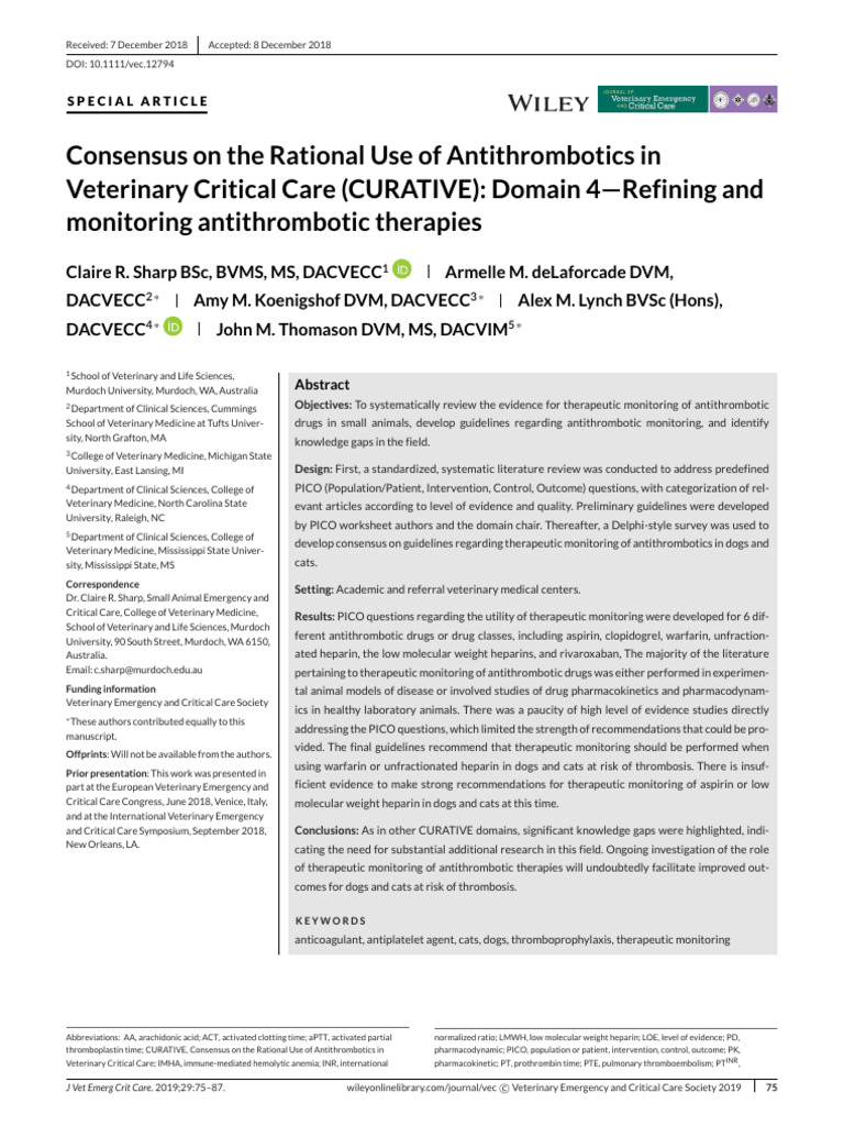Consensus On The Rational Use of Antithrombotics in Veterinary Critical ...